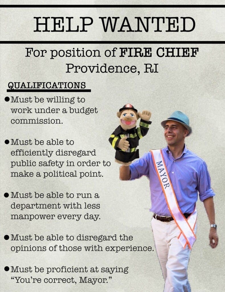 Providence firefighters mock mayor in 'help wanted' signs