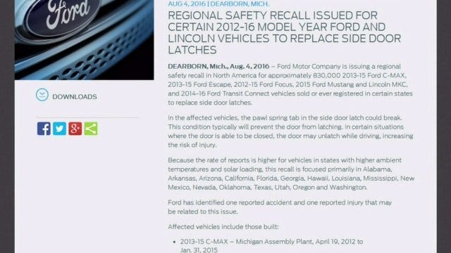 Ford issues recall for faulty door latches