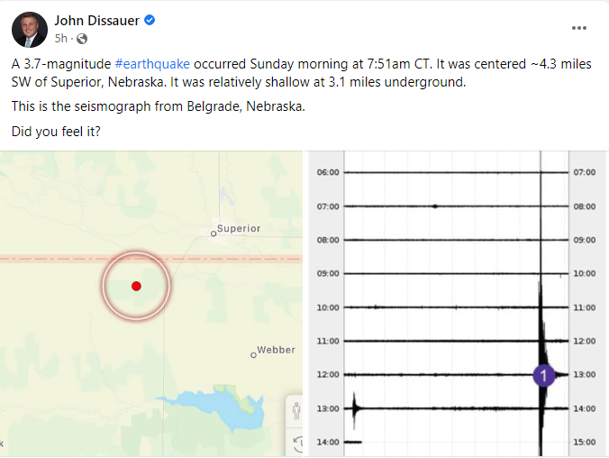 3.7 magnitude earthquake detected in south-central Nebraska