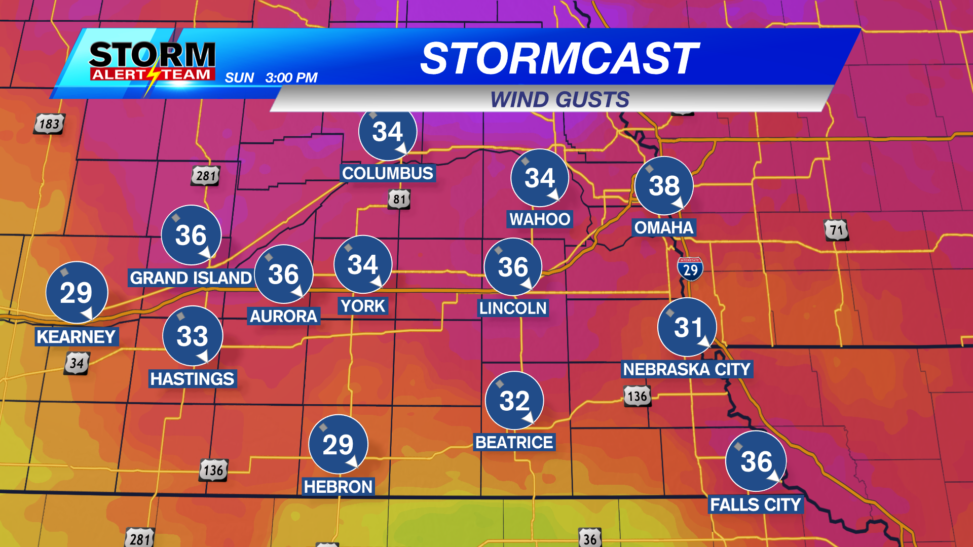 Behind the front, less humid but windy Sunday