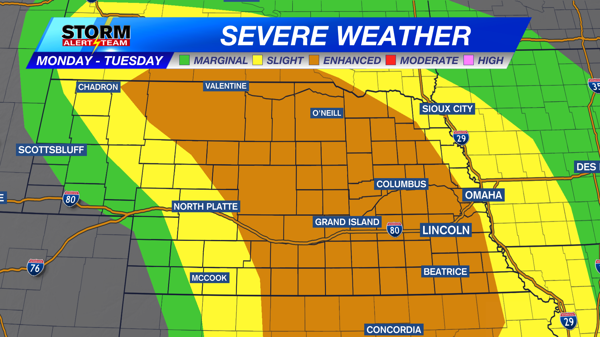 Strong, severe storms Monday into Tuesday across most of Nebraska