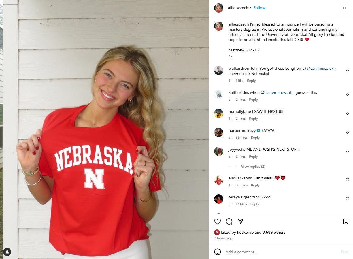 Nebraska lands two-time All-Big 12 opposite Allie Sczech in transfer portal