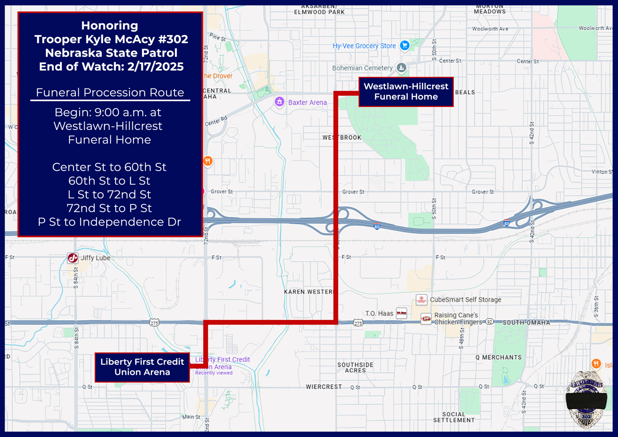 Nebraska State Patrol announces funeral procession route for fallen trooper