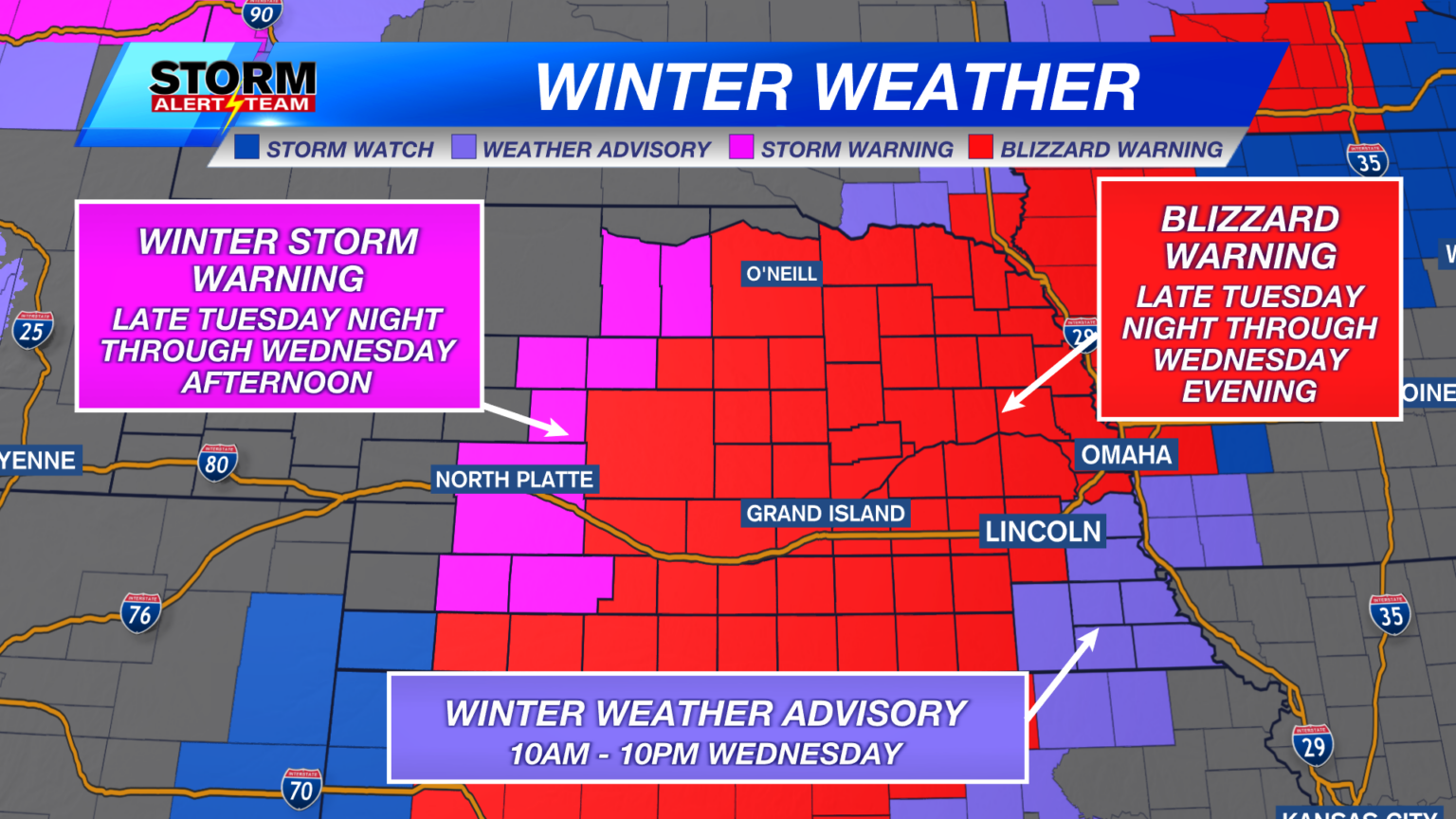 Blizzard Warning in place as snow, high winds move in early Wednesday
