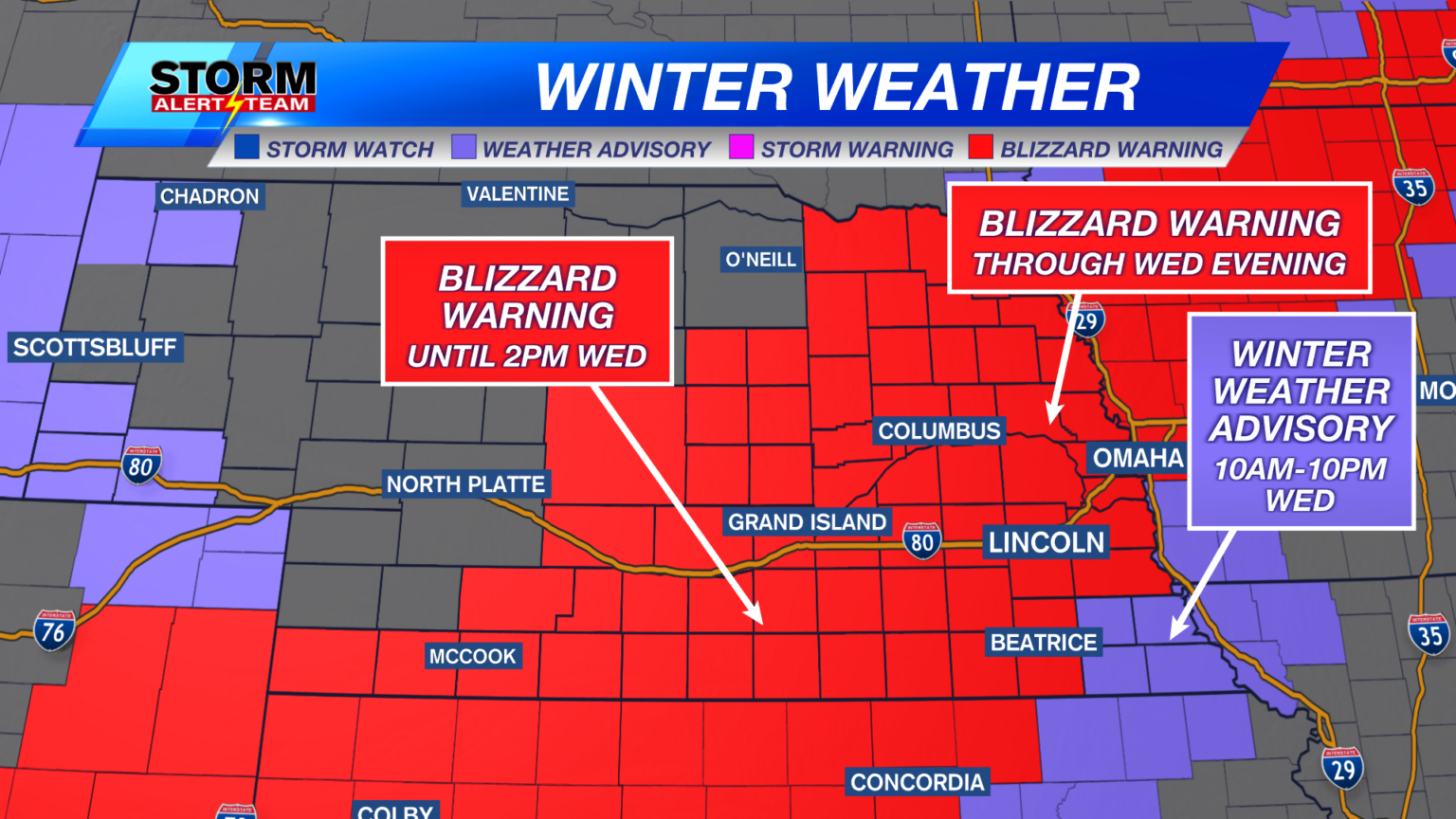 Dangerous blizzard conditions, high winds bear down on eastern Nebraska