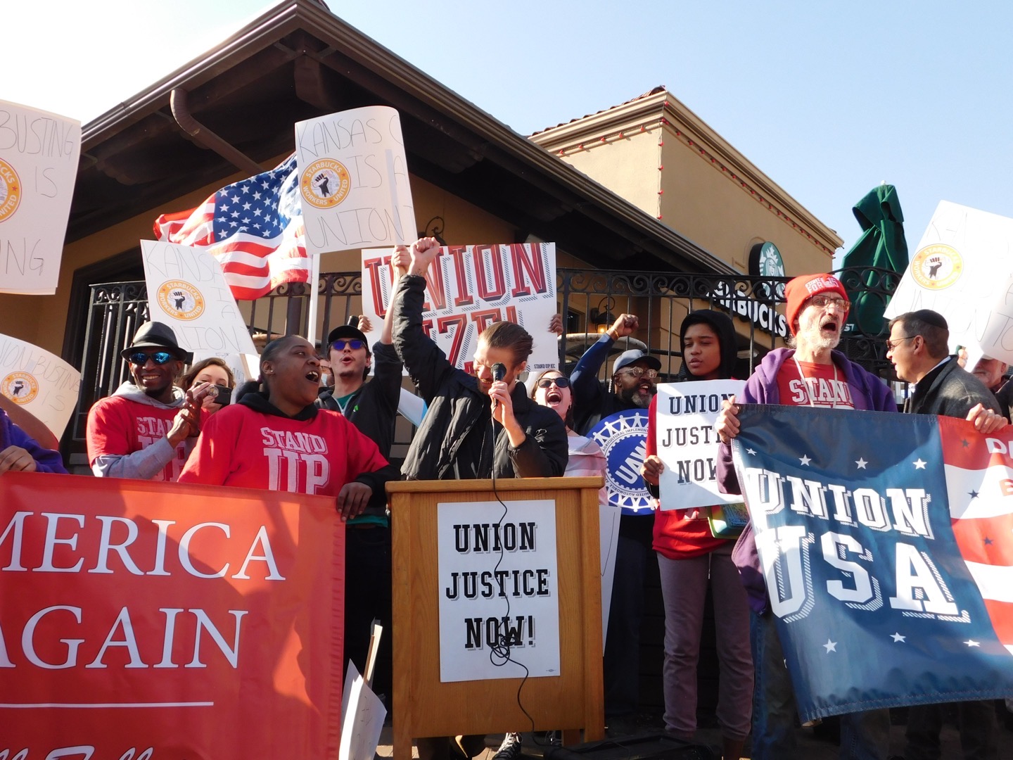 Dozens gather outside Plaza Starbucks to support unionization efforts