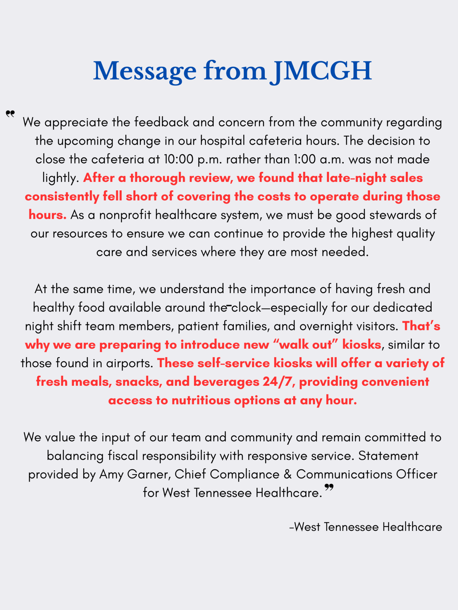JMCGH staff petitions to keep cafeteria hours extended after hospital ...