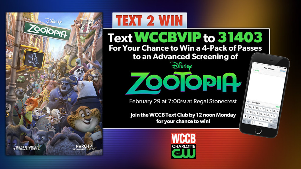 Text2Win a 4-Pack of Passes to See Disney's Zootopia - WCCB Charlotte