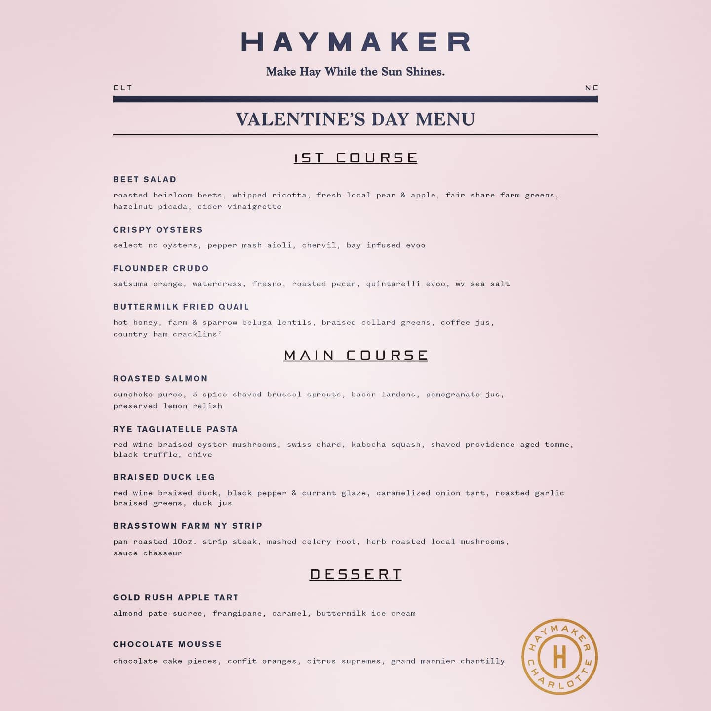 Valentine's Day Dinner Menu P.C. @HaymakerCLT - WCCB Charlotte