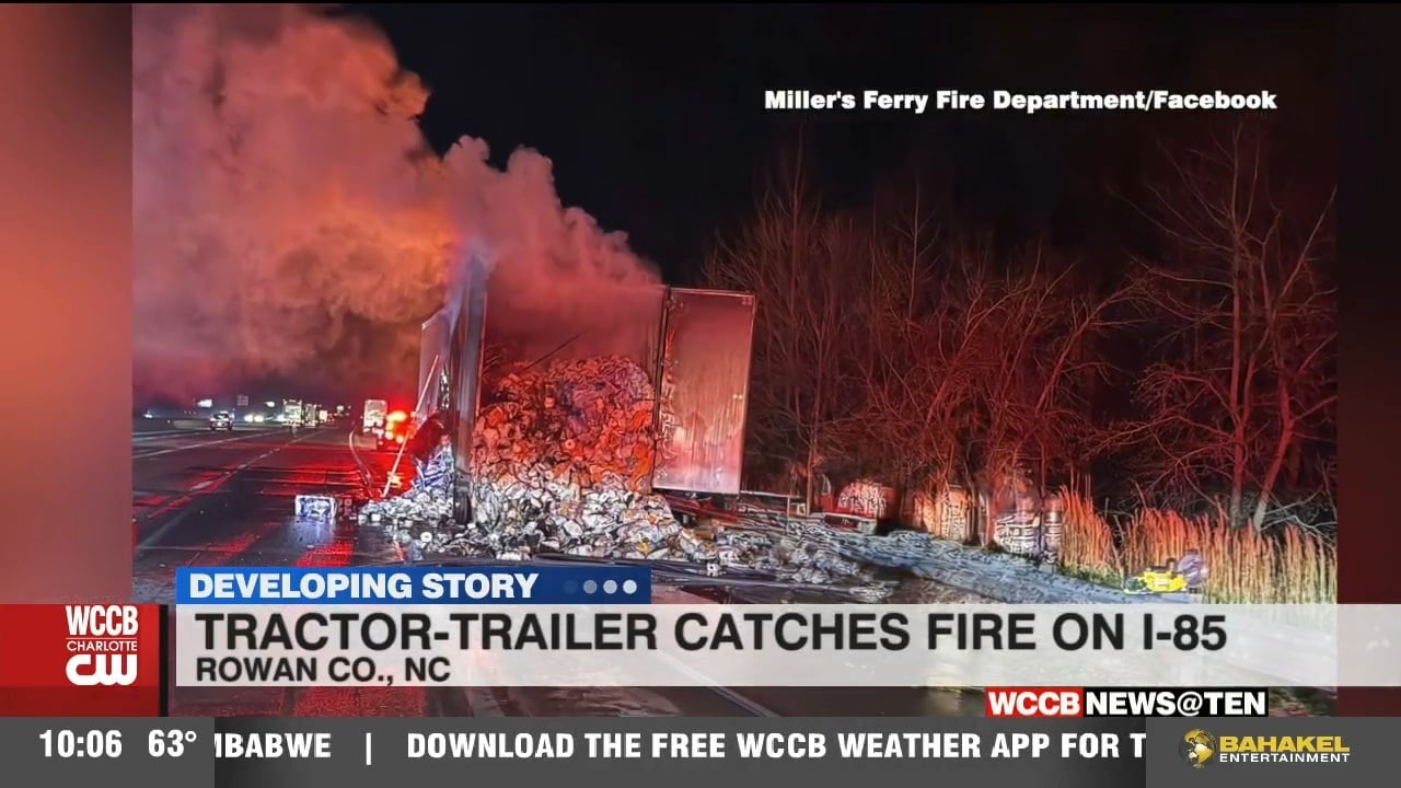 Tractor-trailer catches fire on I-85 - WCCB Charlotte