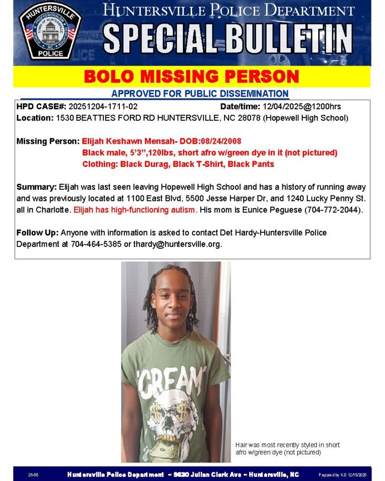 Huntersville Police searching for missing teen last seen leaving ...